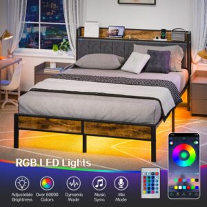 Queen Bed Frame with Headboard, Metal Platform Bed with Smart LED Lights and USB Charging Station, Easy Assembly, No Box Spring Needed