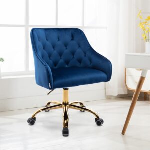 Warmiehomy Velvet Desk Chair with Wheels, Gold Base Office Chair Adjustable Ergonomic Computer Chair Tufted Back Swivel Vanity Chair for Office Living Room Bedroom,Navy