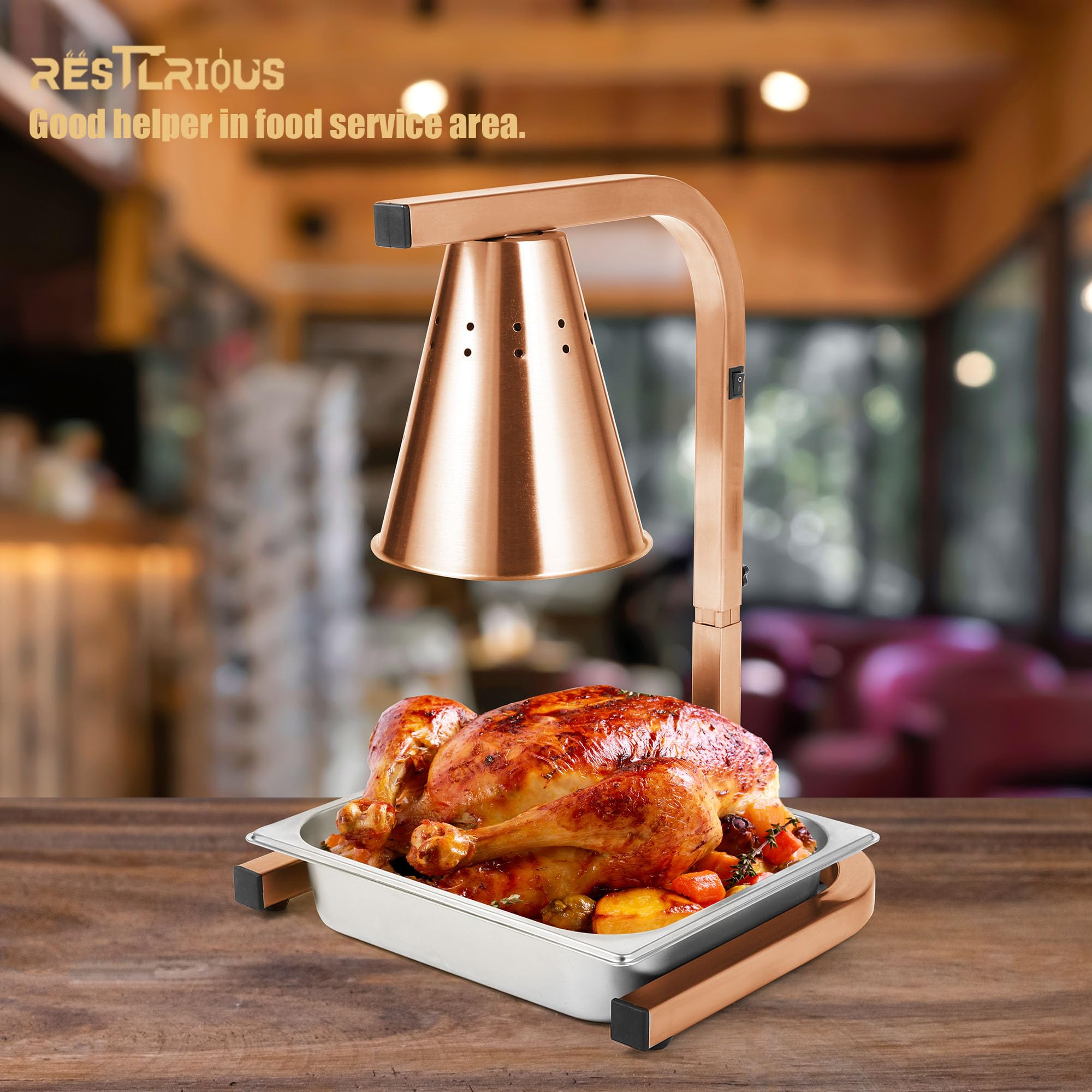 Restlrious Food Heat Lamp Freestanding Commercial Head Food Warmer, Gold Frame Stainless Steel 120V Electric Fan-Shaped Lampshade Food Heat Lamp with 250W Bulb & 1/2 Food Pan, for Buffet Food Service