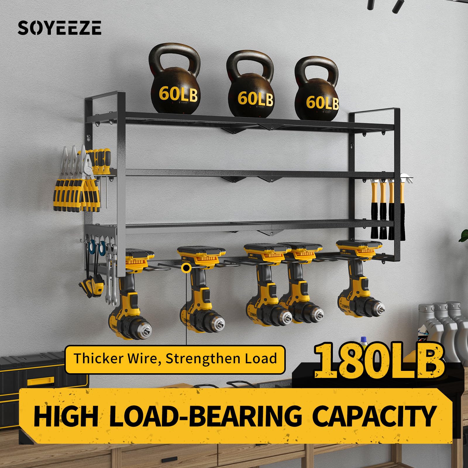 SOYEEZE Power Tool Organizer, Drill Holder Wall Mount, 4 Layers Tool Storage, Heavy Duty Garage 8 Drill Storage Shelf with Hammer/Screwdriver/Hooks Rack, Extra Large Capacity