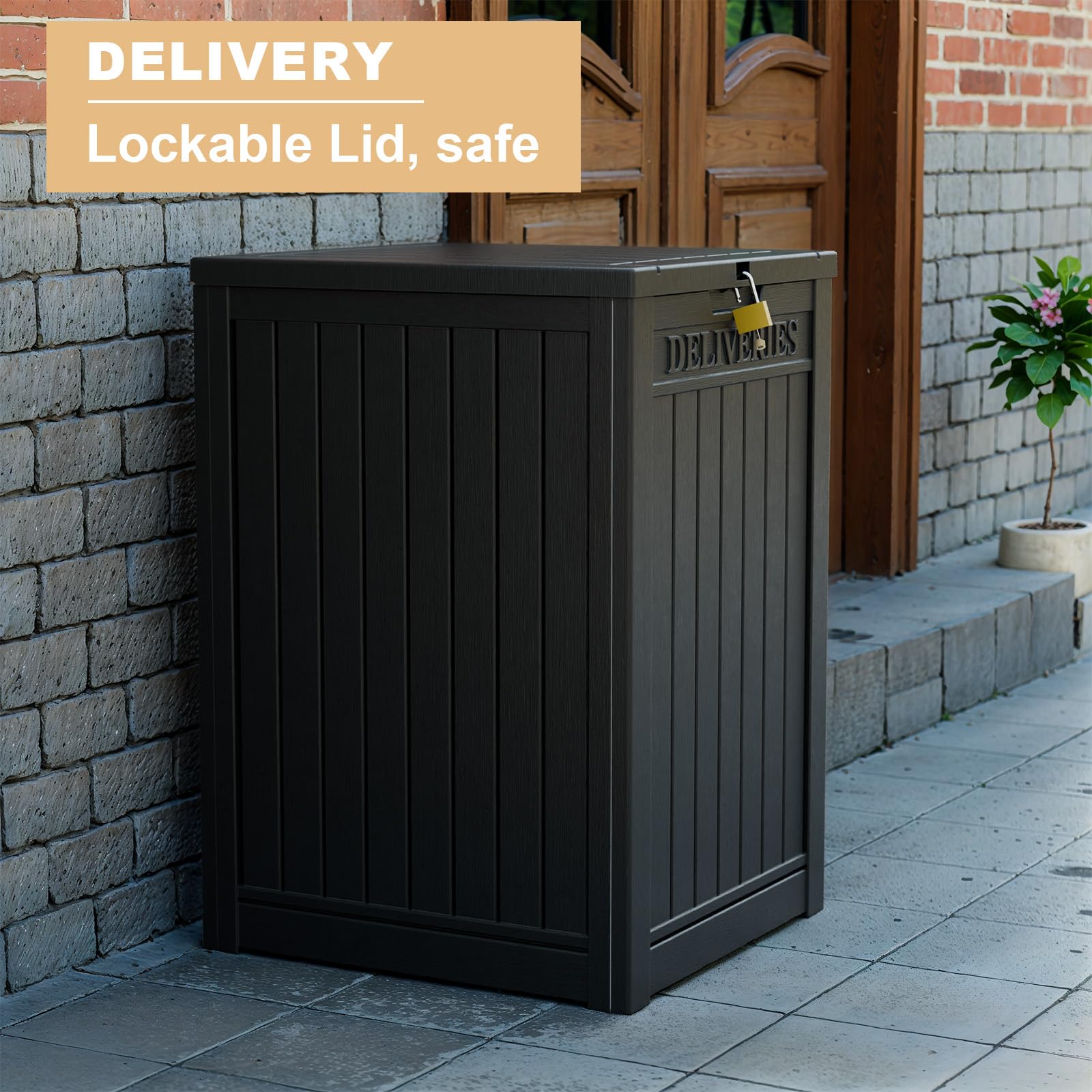 MAIUSCOLI 48 Gallon Resin Package Delivery Box - Rust & Moisture Resistant, Lockable, Waterproof Deck Box for Porches, Patios, Indoor & Outdoor Use (Black)