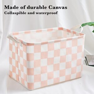 Ohocut Pink White Checkered Canvas Basket, Rectangular Organizing Decorative Storage Basket for Kids Girls Dog Cat Toy, Cute Aesthetic Checkered Room Decor for Home, Bedroom, Classroom, Shelves