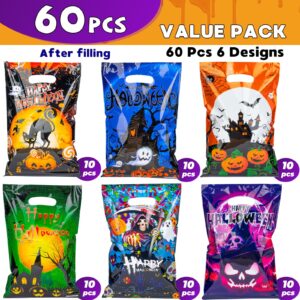 HAPMARS 60 Pcs Halloween Party Favor for Kids Candy Goody Bag, 6 Designs Plastic Trick or Treat Goodie Bags, Halloween Loot Gift Bag with Handles, Party Supplies for Girls Boys, 9.5 * 6.5 Inch