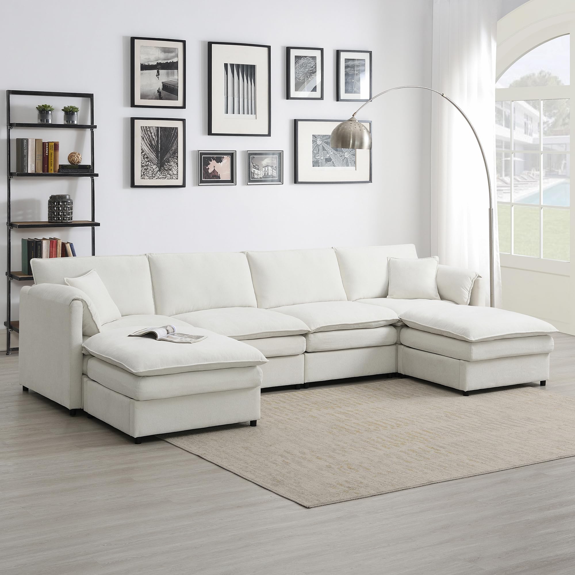 Modern 6-Seat Chenille Modular Sectional Sofa for Living Room, U-Shaped Cloud Couch Set with Double Cushions,Ottomans Cream