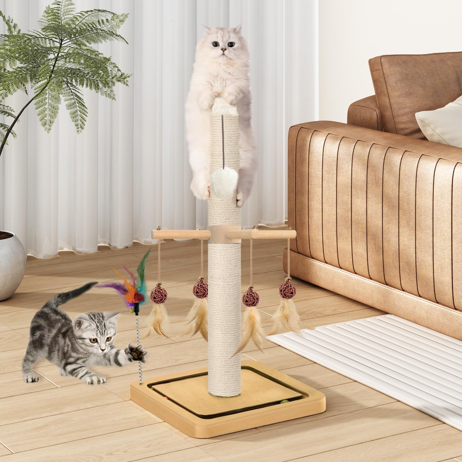 Paroto Cat Scratching Post, Sisal Scratching Posts for Indoor Cats Adults with Hanging Ball and Interactive Toys, 2 Mounting Methods Cat Scratcher for Kitten Cats, 25 inches