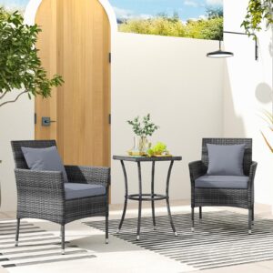 KOTEK 3 Pieces Patio Furniture Set, PE Rattan Outdoor Conversation Set with Tempered Glass Table & Soft Cushions, Wicker Bistro Set for Garden, Porch, Balcony (Grey)