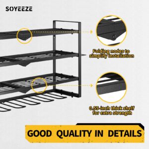 SOYEEZE Power Tool Organizer, Drill Holder Wall Mount, 4 Layers Tool Storage, Heavy Duty Garage 8 Drill Storage Shelf with Hammer/Screwdriver/Hooks Rack, Extra Large Capacity