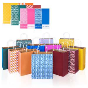 racrico paper gift bags,12 pack of paper gift bags with handles in solids and geometric patterns unique design,12.5x5x10 inch paper gift bags bulk with stickers for birthdays,party favor,reusable & durable