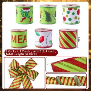 Wninbu Christmas Ribbon Wired 2.5 Inch,6 Roll 30 Yards Red and Green Christmas Ribbon for Wreaths Bows,Christmas Ribbon Wired Edge for Tree Garland DIY Xmas Crafts Christmas Decorations