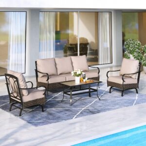 mfstudio outdoor patio furniture set, 4 pcs metal patio conversation set for 5, patio sectional sofa set with high backres 3-seat sofa, 2 motion sofa chairs, 1 coffee table, 5.5" thicken cushions