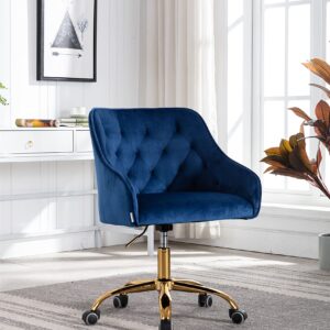 Warmiehomy Velvet Desk Chair with Wheels, Gold Base Office Chair Adjustable Ergonomic Computer Chair Tufted Back Swivel Vanity Chair for Office Living Room Bedroom,Navy