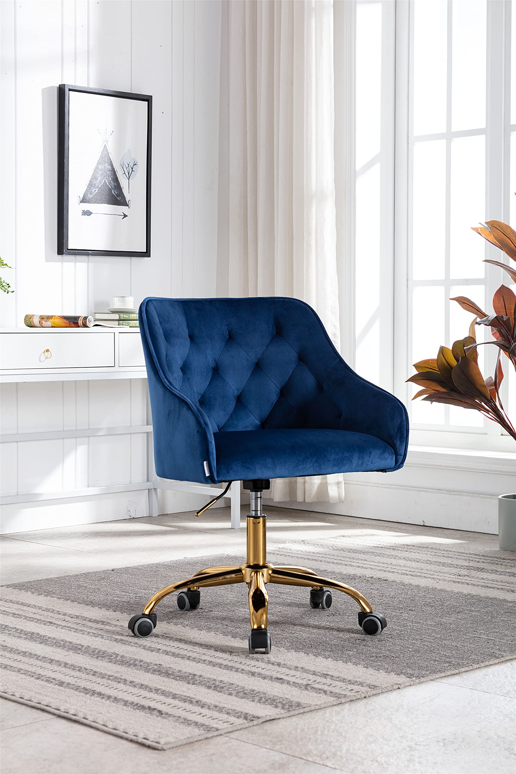 Warmiehomy Velvet Desk Chair with Wheels, Gold Base Office Chair Adjustable Ergonomic Computer Chair Tufted Back Swivel Vanity Chair for Office Living Room Bedroom,Navy