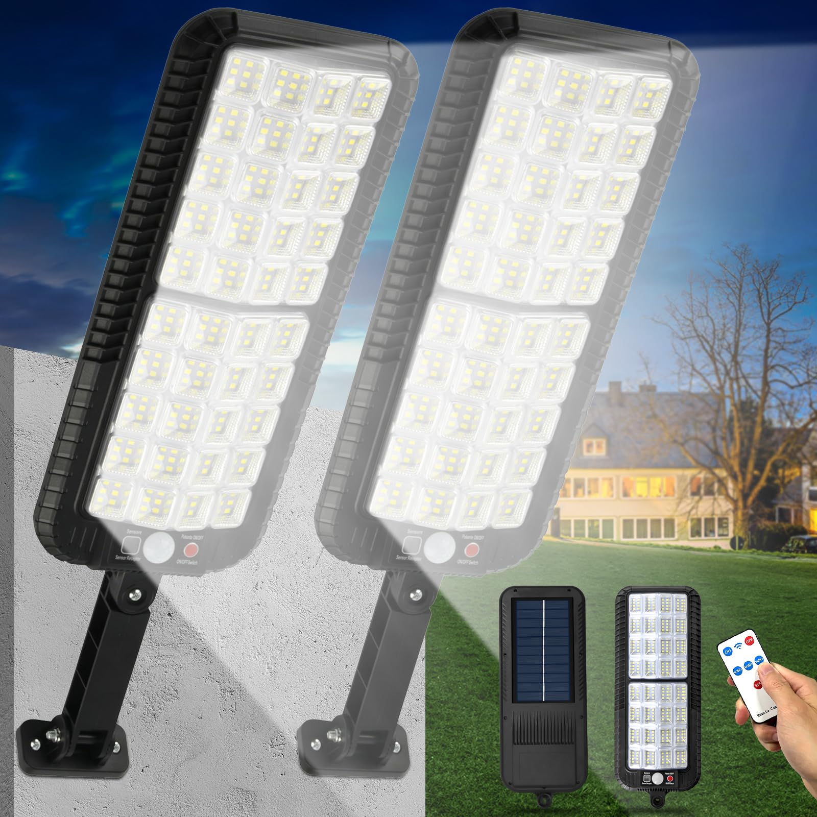 ZBLUXBZ Solar Street Lights Outdoor Waterproof, 2 Pack Wide Angle Solar Parking Lot Lights with Dusk to Dawn, Motion Sensor, and Remote Control, Solar Flood Light for Patio, Outside & Driveway