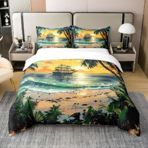 erosebridal coconut tree duvet cover hawaii ocean beach botanical quilt cover sailboat sunset print comforter cover nature tropical landscape theme bedspread cover summer holiday room decor queen