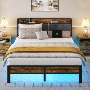 queen bed frame with headboard, metal platform bed with smart led lights and usb charging station, easy assembly, no box spring needed