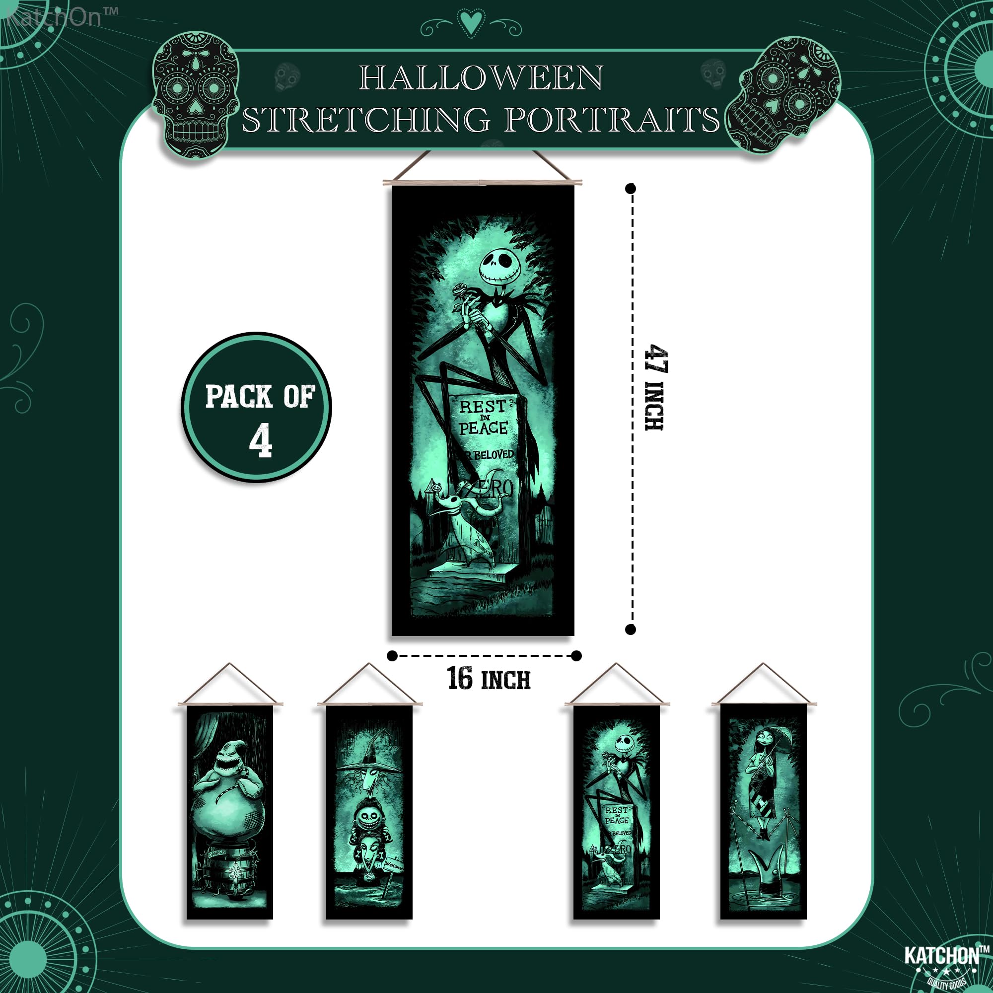 KatchOn, Spooky Halloween Stretching Portrait - 47x16 Inch, Pack of 4 | Haunted Mansion Stretching Portraits for Halloween Decorations | Skeleton Halloween Banner for Halloween Party Decorations