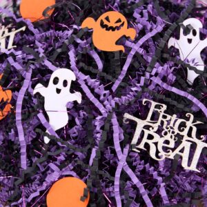 paper fair 1lb halloween crinkle cut paper shred, black purple iridescent glitter strand raffia filler w/orange ghosts trick or treat confetti, candy gift wrapping basket box craft bedding cushion