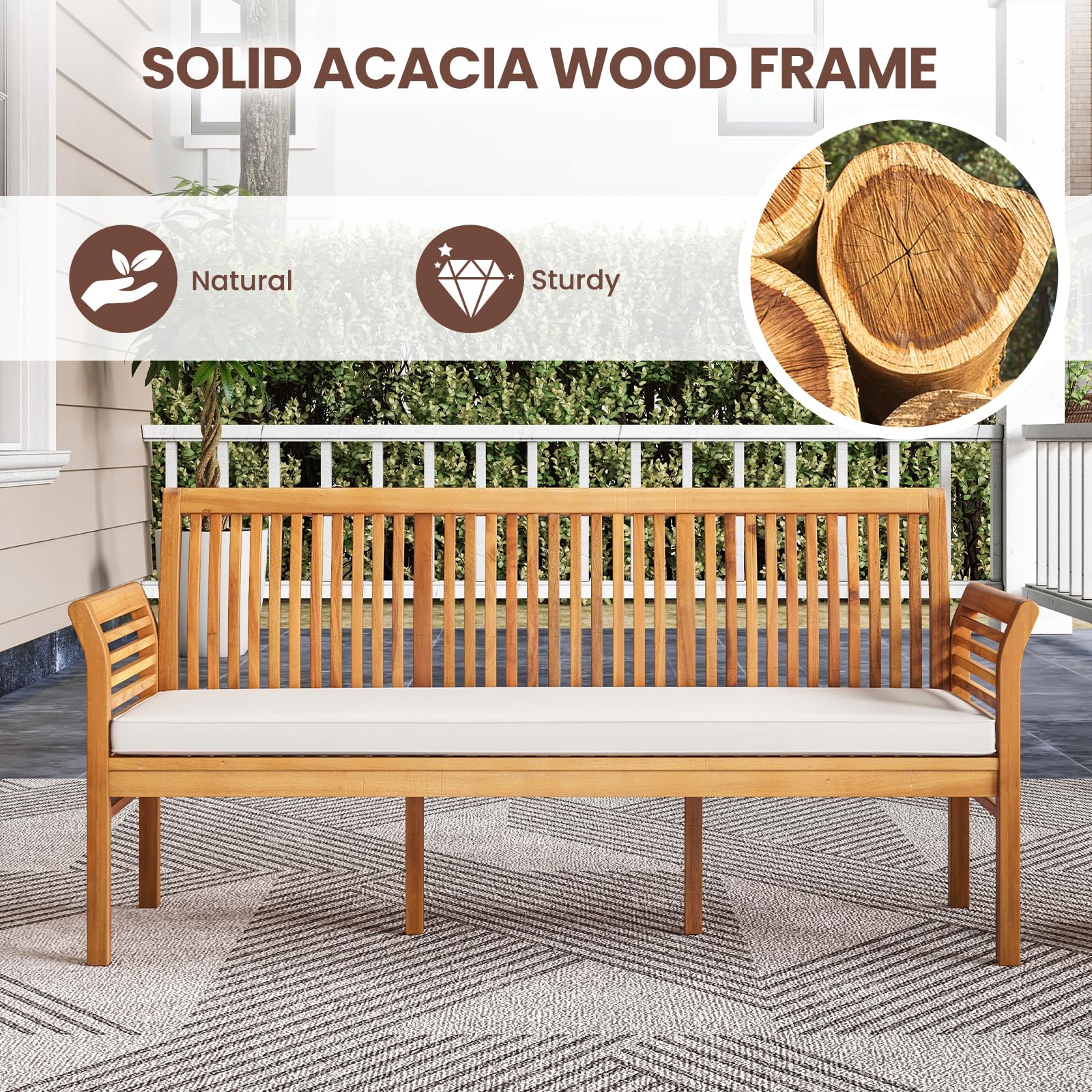 RELAX4LIFE 62.5’’ Outdoor Bench Acacia Wood - 3-Person Patio Bench w/Backrest, Armrests & Removable Seat Cushion, Slatted Wooden Garden Bench for Front Porch Park Backyard, 1200 LBS Weight Capacity