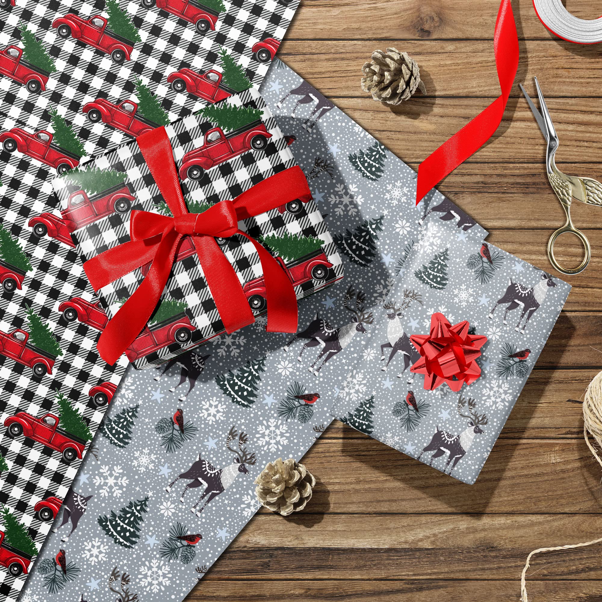 GIOLNIAY Christmas Wrapping Paper for Men Women Kids - Holiday Gift Wrap Red & Black Plaid with Truck, Black & White Plaid with Snowflake Xmas Design - 6 Jumbo Sheets, 28″×40″ Each, Easy to Store