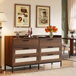 Tribesigns 6-Drawer Dresser for Bedroom, 55" Mid-Century Rustic Chest of Drawers, Wide Wood Storage Long Double Dresser Organizer for Nursery Bedroom Living Room Closet, Dark Brown