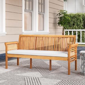 RELAX4LIFE 62.5’’ Outdoor Bench Acacia Wood - 3-Person Patio Bench w/Backrest, Armrests & Removable Seat Cushion, Slatted Wooden Garden Bench for Front Porch Park Backyard, 1200 LBS Weight Capacity