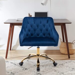 Warmiehomy Velvet Desk Chair with Wheels, Gold Base Office Chair Adjustable Ergonomic Computer Chair Tufted Back Swivel Vanity Chair for Office Living Room Bedroom,Navy