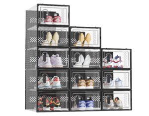 simpdiy shoe storage, 12 pack shoe organizer for closet, shoe boxes clear plastic stackable shoe containers with lids for size 10, black