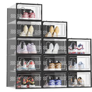 SIMPDIY Shoe Storage, 12 Pack Shoe Organizer for Closet, Shoe Boxes Clear Plastic Stackable Shoe Containers with Lids for Size 10, Black