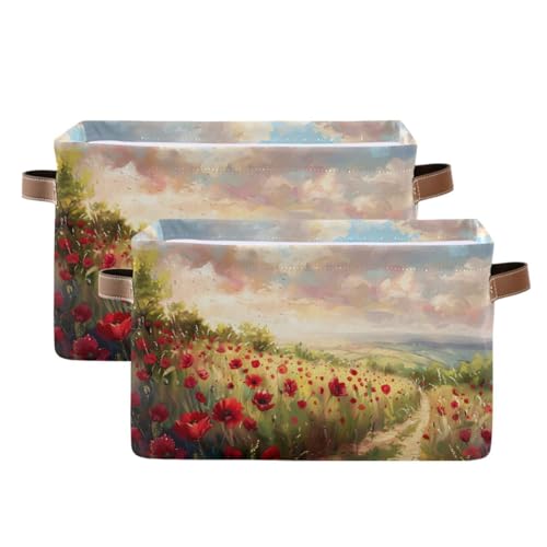 Storage Basket Red Poppies Field Canvas Collapsible Box Organizer Bin with Handles