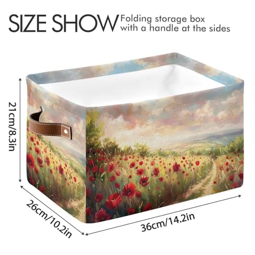 Storage Basket Red Poppies Field Canvas Collapsible Box Organizer Bin with Handles