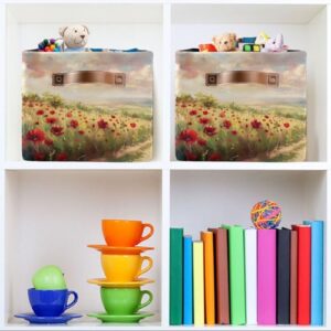 Storage Basket Red Poppies Field Canvas Collapsible Box Organizer Bin with Handles