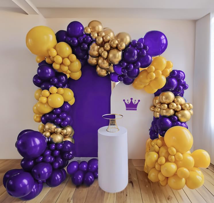 Royal Purple and Gold Balloon Garland Arch Kit 132Pcs with lemon Yellow balloons for Halloween Birthday Graduation Prom Basketball Sport Theme Party Decorations