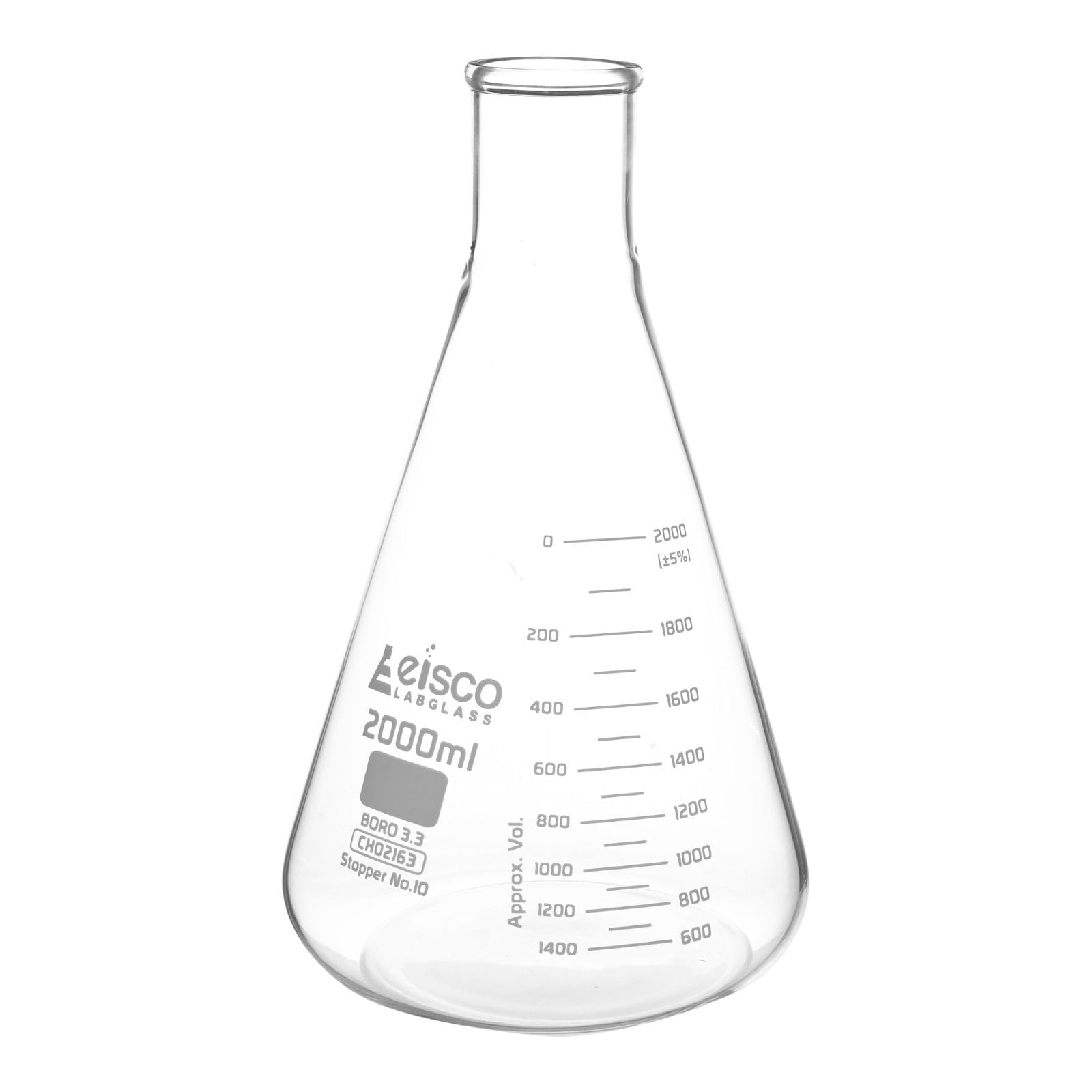 Erlenmeyer Flask, 2000mL - ASTM, Dual Graduated Scale - Borosilicate Glass - Narrow Neck Flask, Conical Flask, Glass Flask - Eisco Labs