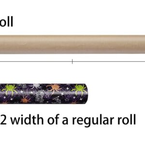 LDGOOAEL Halloween Mini Wrapping Paper Roll - Reversible Design (17 Inches X 32.8 Feet) - Fluorescent colored spiders & purple twill stripe