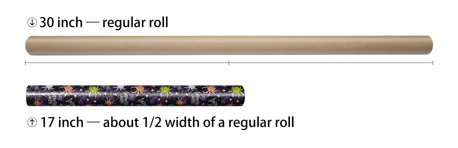 LDGOOAEL Halloween Mini Wrapping Paper Roll - Reversible Design (17 Inches X 32.8 Feet) - Fluorescent colored spiders & purple twill stripe