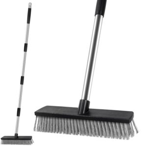 63" stainless steel deck scrub brush with long handle,floor scrubber brushes,outdoor broom brush for bathroom, bathtub, tub, tile floors, garage and patio,swimming pool (10.6" bristle brush head)