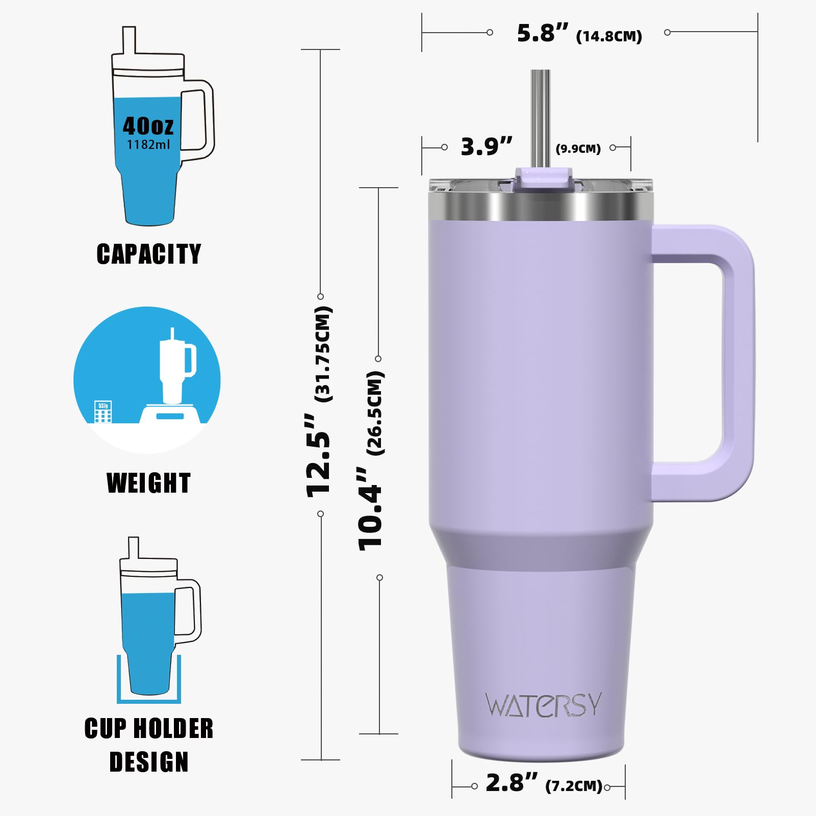 40 oz Tumbler with Handle,Tumbler with Lid and Straw,Double Wall Insulated Cup Stainless Steel Travel Mug(Cold for 34 Hours),Water Bottle for Iced Tea,Coffee,Cold Beverages(Purple)