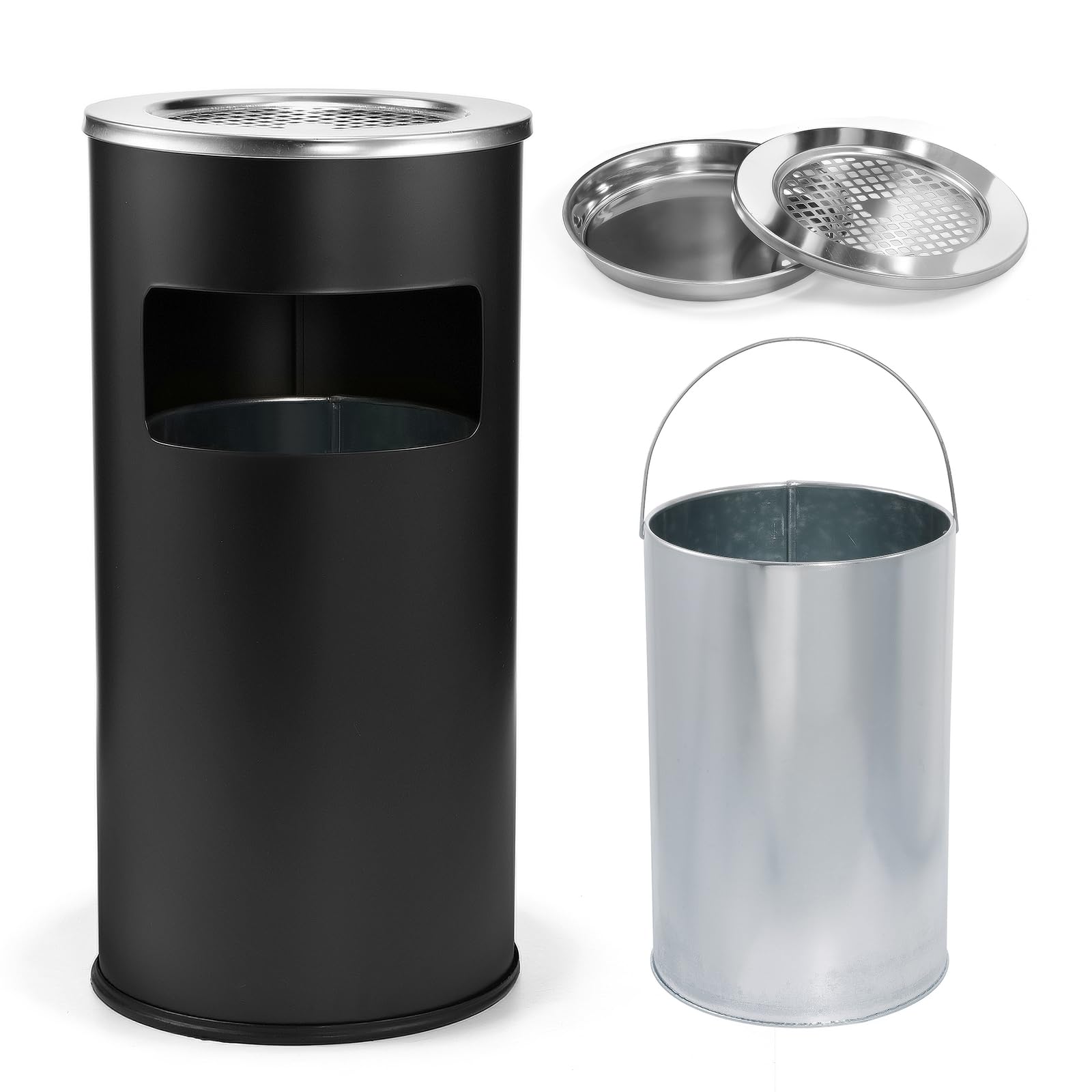 Hiteemer Outdoor Trash Can with Lid Round, Stainless Steel Garbage Can Waste Bin with Removable Inner Barrel Dome for Indoor,Home,Office,Restaurant,Patio,Garden,Kitchen(Black)