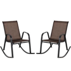 tangkula patio rocking chair set of 2, outdoor ergonomic rockers with breathable fabric seat, gentle rocking function, sturdy metal rocker for front porch, backyard, garden (1, dark brown)