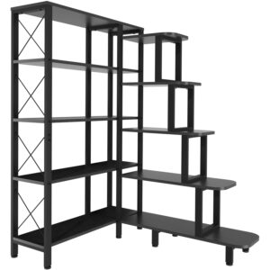 ponrol corner bookshelf bookcase, large reversible 5 tier ladder shelves storage display rack with metal frame, industrial home office furniture for living room bedroom, black