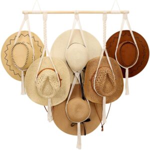 pushaccas macrame hat hangers for wall - boho hats rack cowgirl hat holder on wall, western bedroom decor hat display country room decor gift for women, 100% natural cotton, 41x31inch