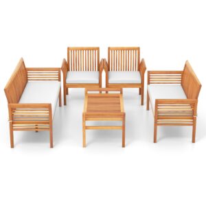 tangkula 5 piece patio furniture set, acacia wood conversation set with 3-seat bench, loveseat, 2 armchairs & coffee table, cushioned outdoor chair set for porch, balcony (off white)