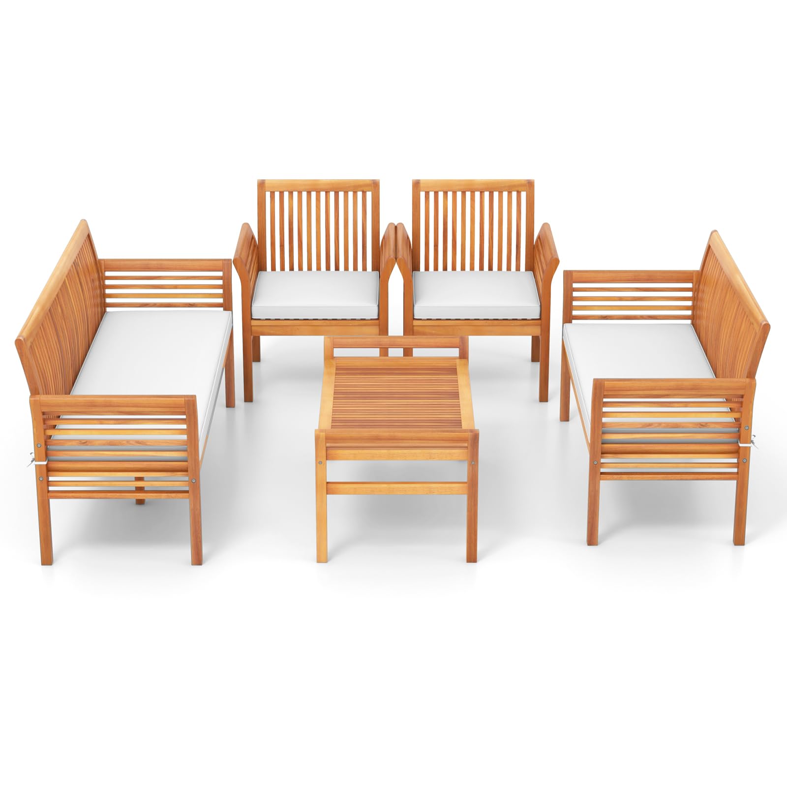 Tangkula 5 Piece Patio Furniture Set, Acacia Wood Conversation Set with 3-Seat Bench, Loveseat, 2 Armchairs & Coffee Table, Cushioned Outdoor Chair Set for Porch, Balcony (Off White)