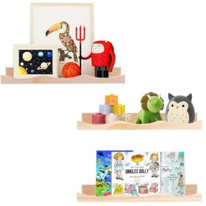 azsky floating bookshelf for kids, picture ledge shelf for wall decor and storage 16 inches nursery book shelves set 3, baby book shelf for kids room decor(natural wood) (natural, 16inch)