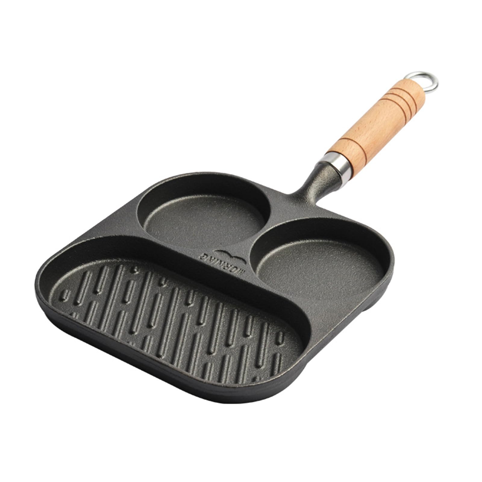 JUSTUP Nonstick Frying Pan,3-Section Cast Iron Egg Pan Divided Pan with Wooden Handle,3-in-1 Versatile Breakfast Pan,Mini Skillet Pan for Egg,Steak and Burgers (Black)