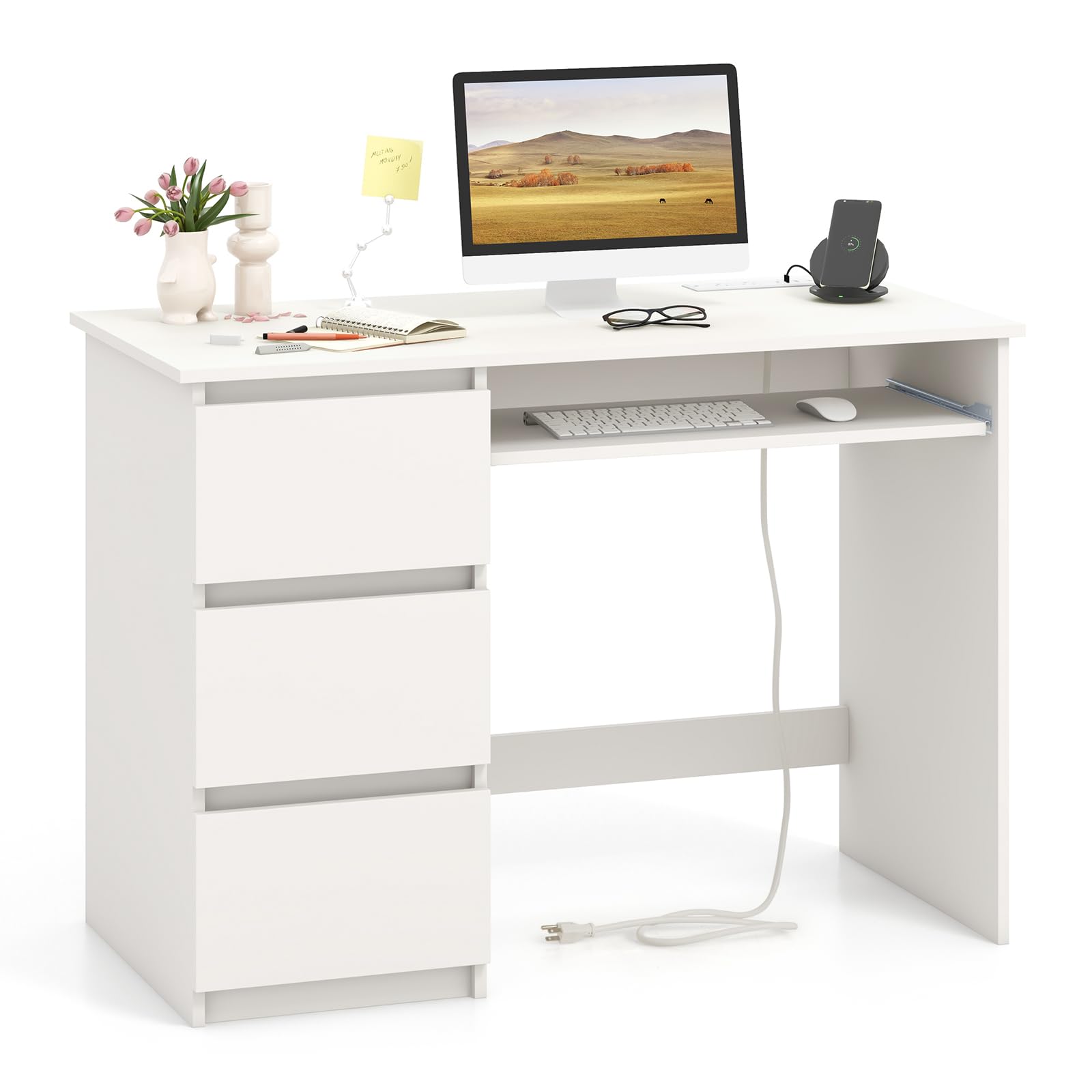 Giantex White Computer Desk with Power Outlet, Modern Office Desk with Keyboard Tray & 3 Large Drawers, 42" Writing Desk Vanity Table with Type-C & USB Ports for Bedroom, White