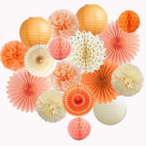 orange beige peach fall boho party decorations paper pom poms paper fans paper lanterns for autumn thanksgiving harvest birthday baby shower bridal shower wedding party decor