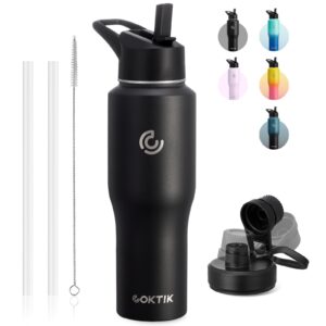 coktik water bottle insulated, 32oz water bottles straw lid, spout lid, cold for 36 hrs, hot for 18 hrs, cup holder friendly leakproof (black)