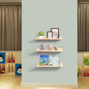 AZSKY Floating Bookshelf for Kids, Picture Ledge Shelf for Wall Decor and Storage 16 Inches Nursery Book Shelves Set 3, Baby Book Shelf for Kids Room Decor(Natural Wood) (Natural, 16Inch)