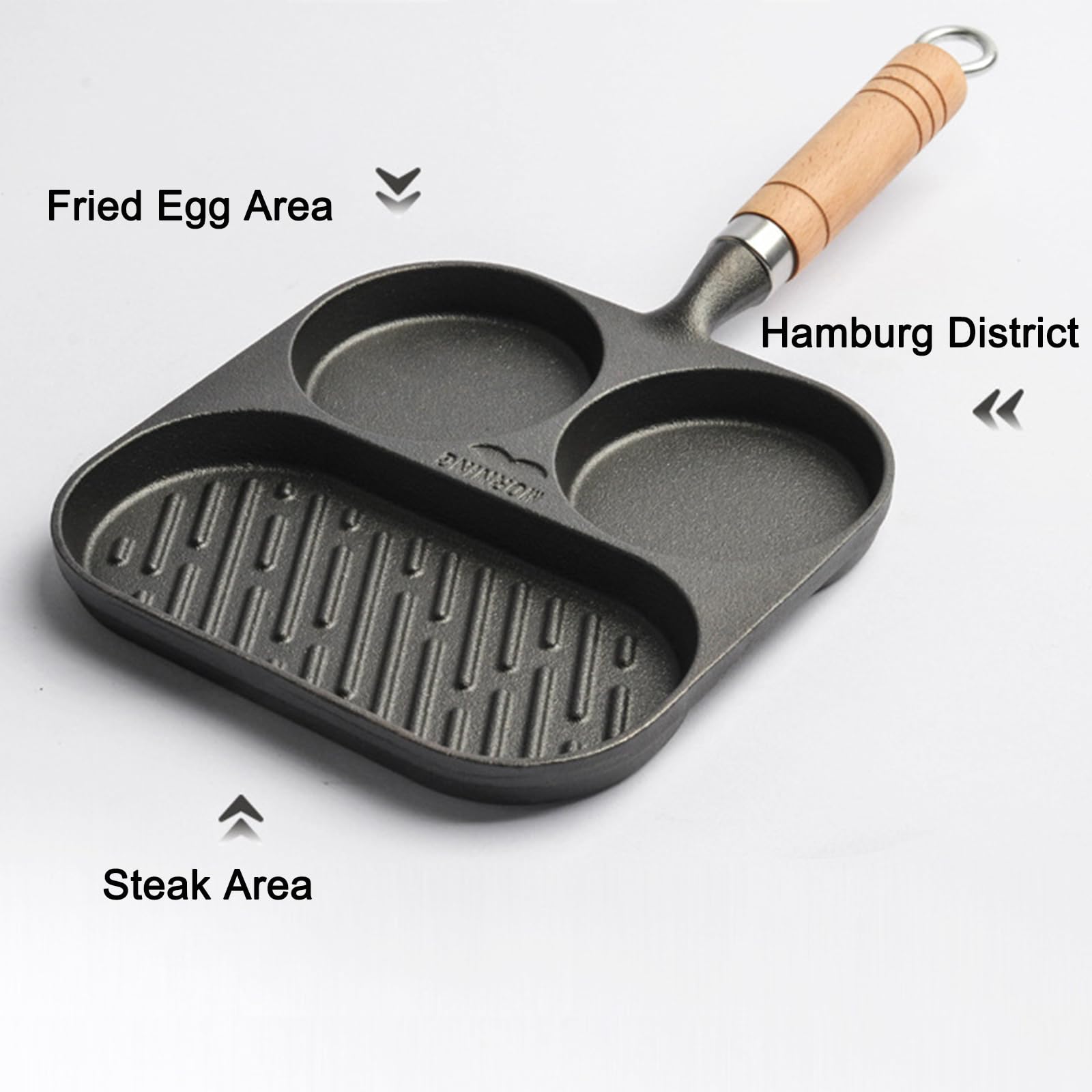 JUSTUP Nonstick Frying Pan,3-Section Cast Iron Egg Pan Divided Pan with Wooden Handle,3-in-1 Versatile Breakfast Pan,Mini Skillet Pan for Egg,Steak and Burgers (Black)